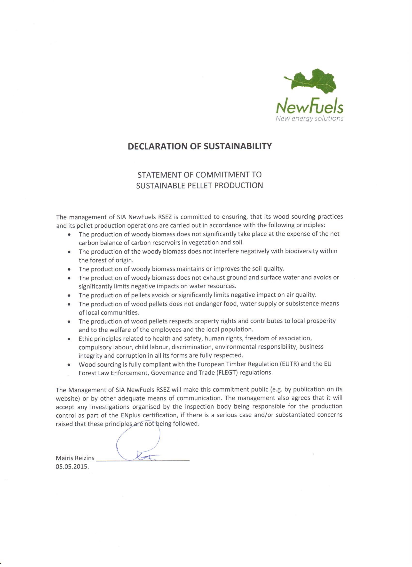 Declaration of Sustainability - NewFuels