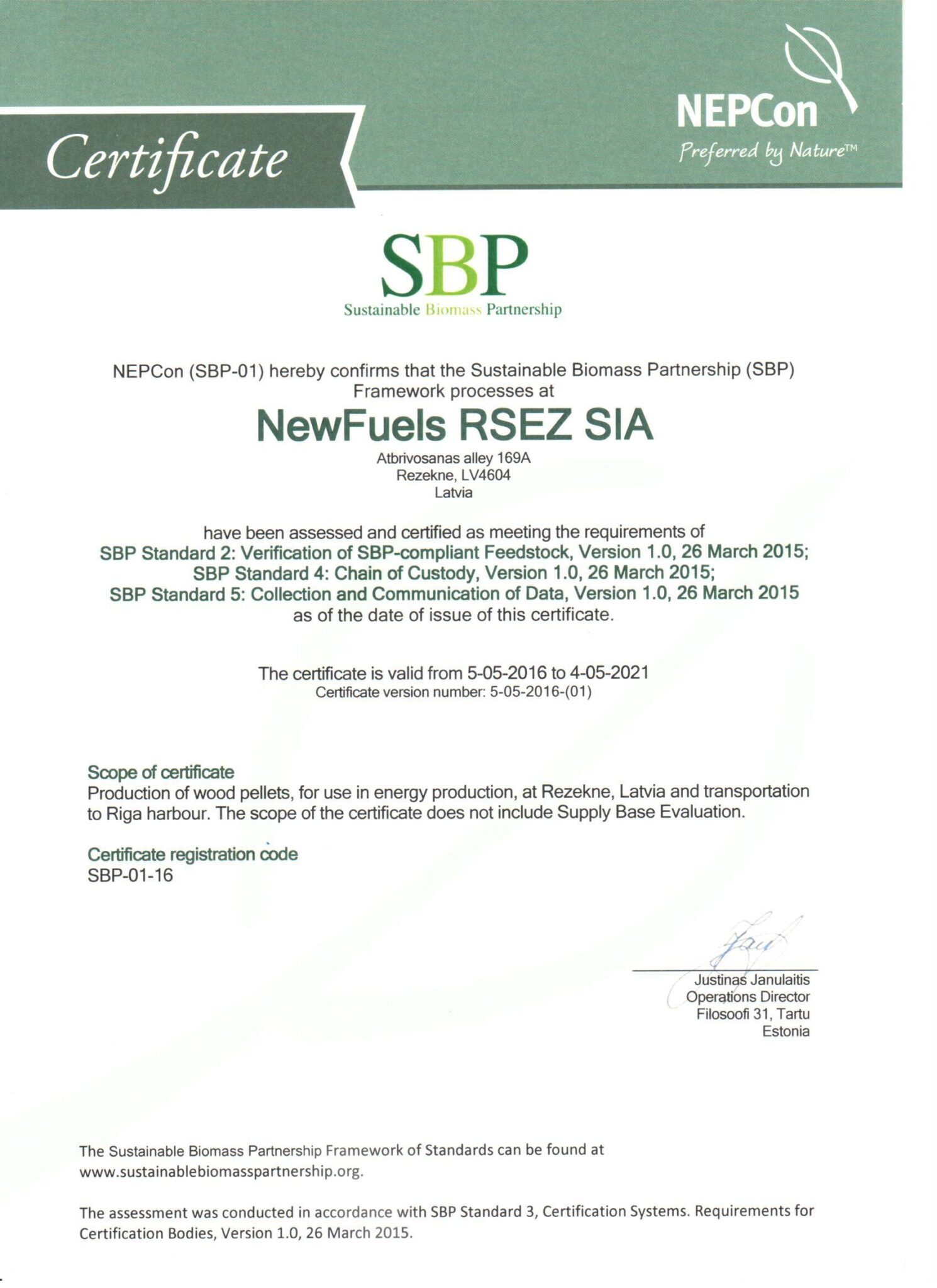 SBP Certification at NewFuels